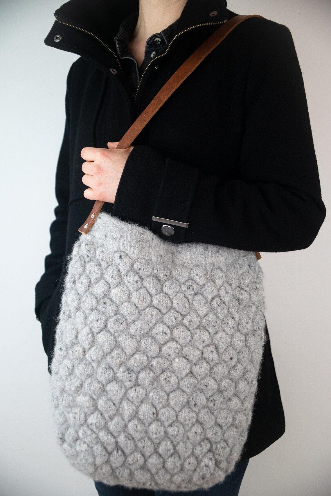 Grey Leather and Wool Handbag Shoulder Bag for Everyday. | Etsy