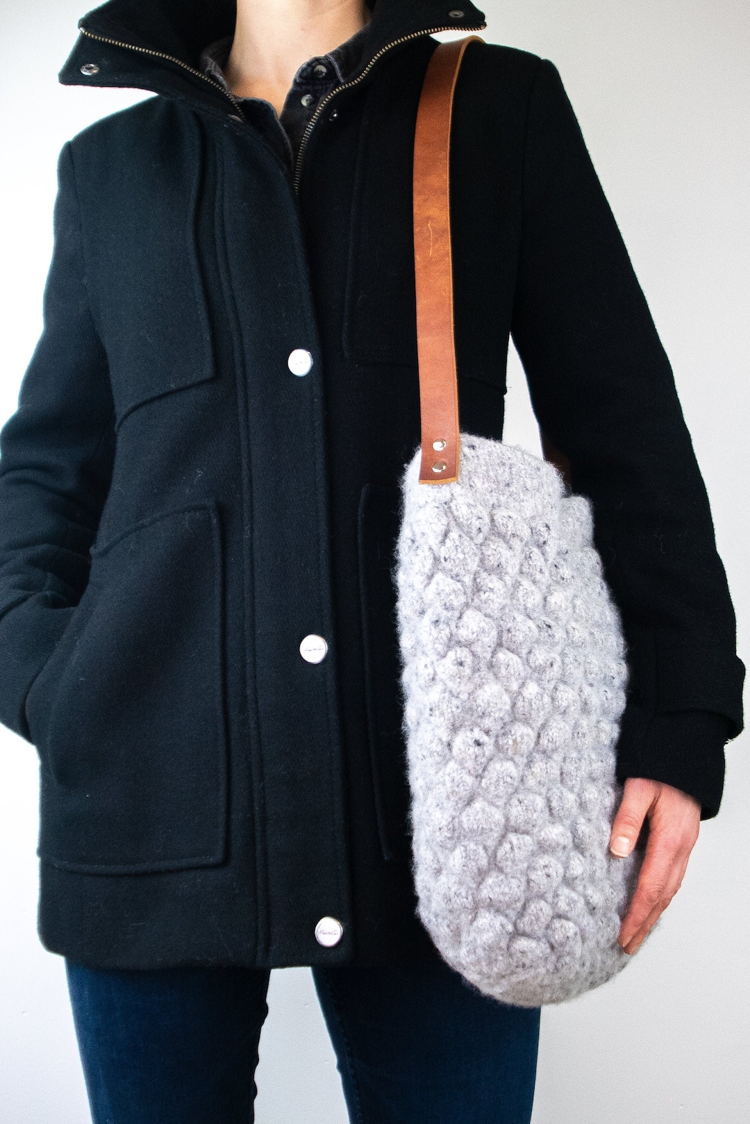 Grey Leather and Wool Handbag Shoulder Bag for Everyday. - Etsy