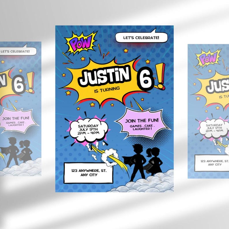 Superhero Comic Birthday Invitation Kids Birthday Party Card Editable ...