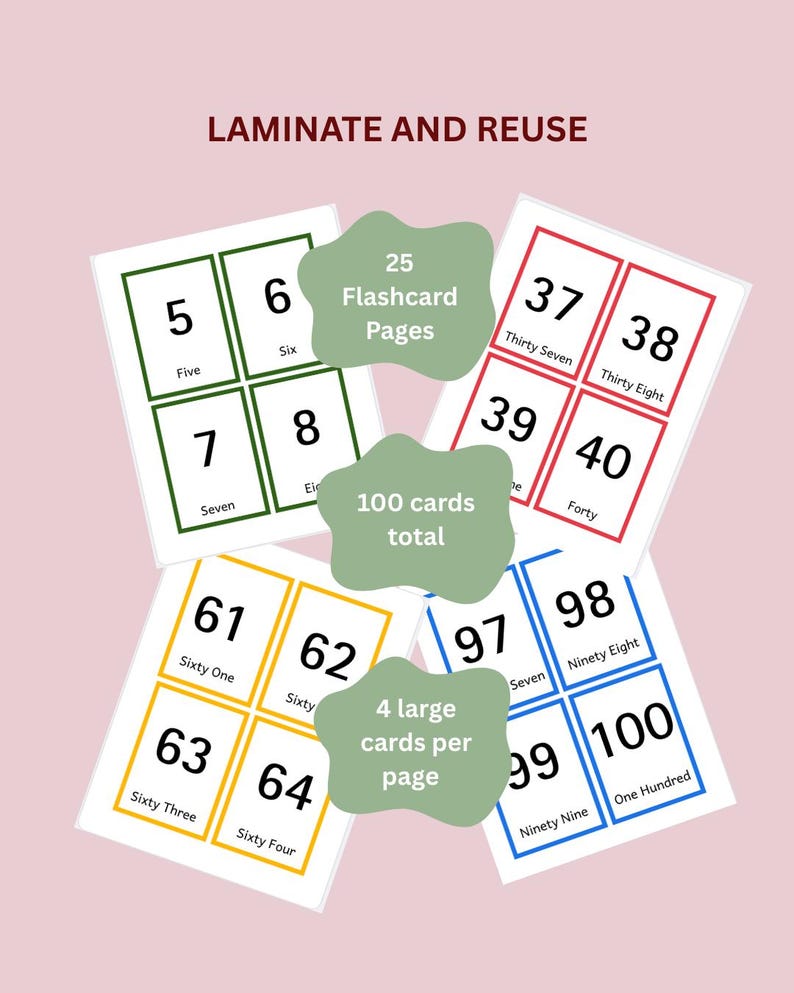 Number Flashcards 1-100 | Color-coded, Large Print (US Letter & A4) - Etsy