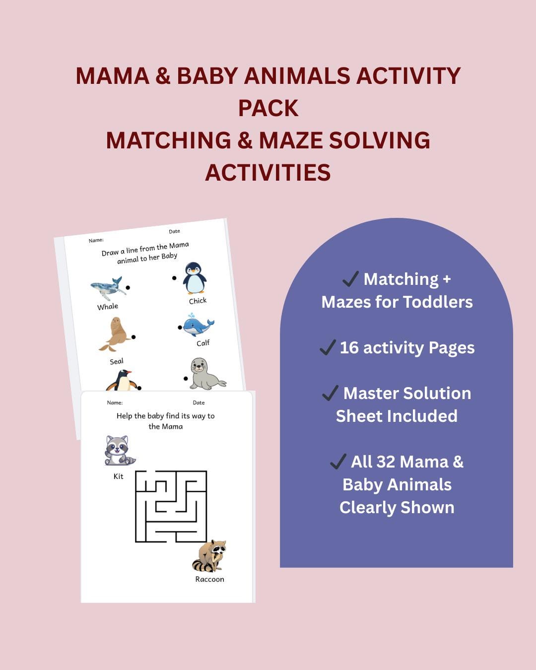 Mama and Baby Animals Matching and Maze Activities | Toddler Learning ...
