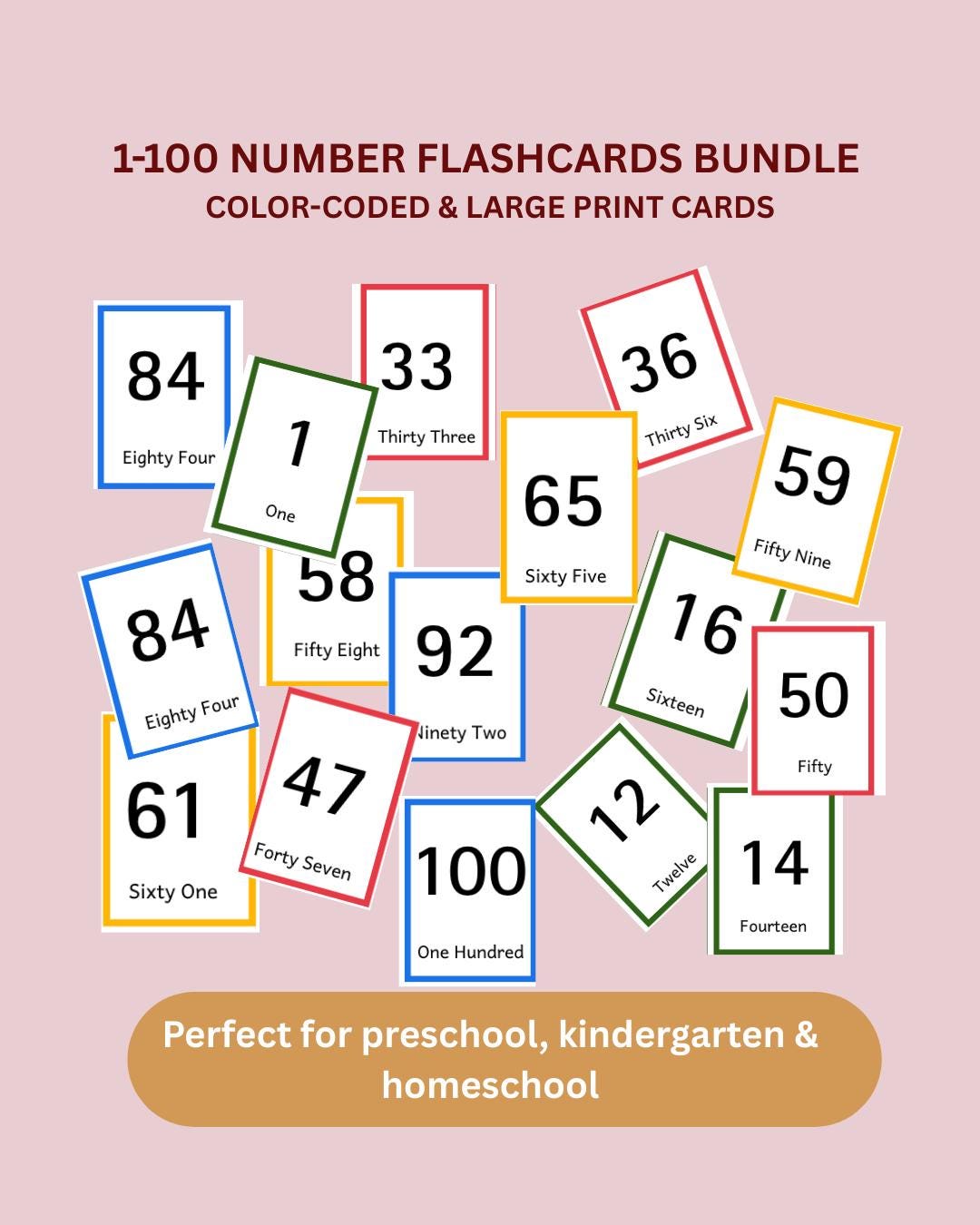 Number Flashcards 1-100 | Color-coded, Large Print (US Letter & A4) - Etsy