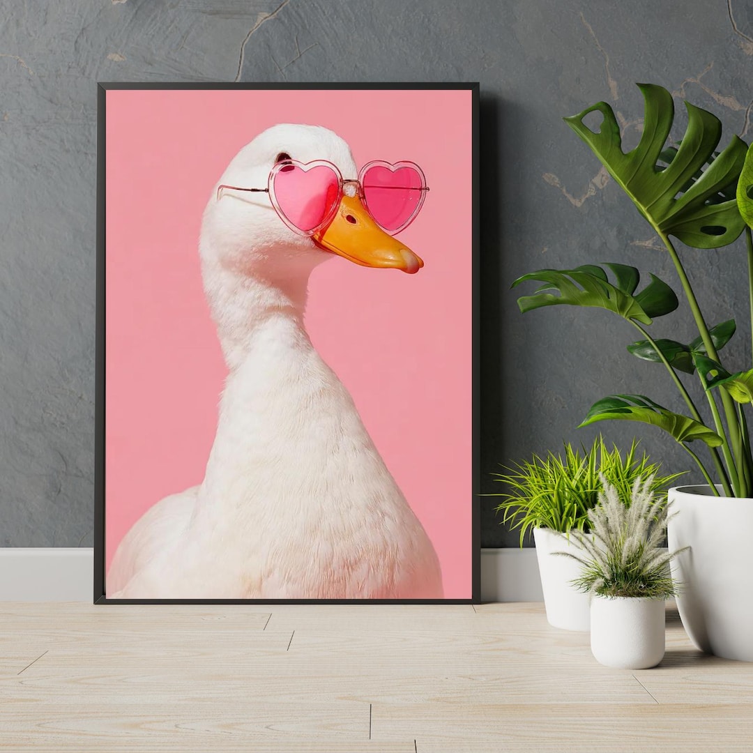 Heart Duck Wall Art Pink Poster Sunglasses Scene Whimsical Animal ...