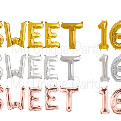 SWEET SIXTEEN Script Balloons Gold or Silver 16th Birthday | Etsy