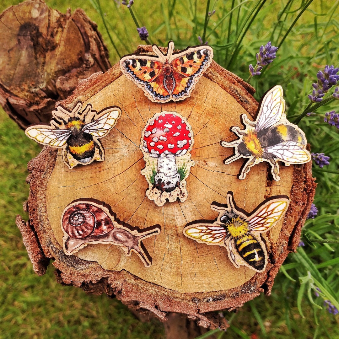 Woodland Wildlife 4cm Wooden Pin Badges (responsibly Sourced Wood & Eco ...