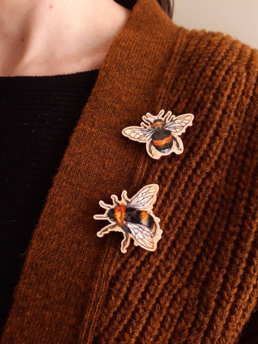 Fluffy Bumblebee 4cm Wooden Pin Badges (responsibly Sourced Wood & Eco ...