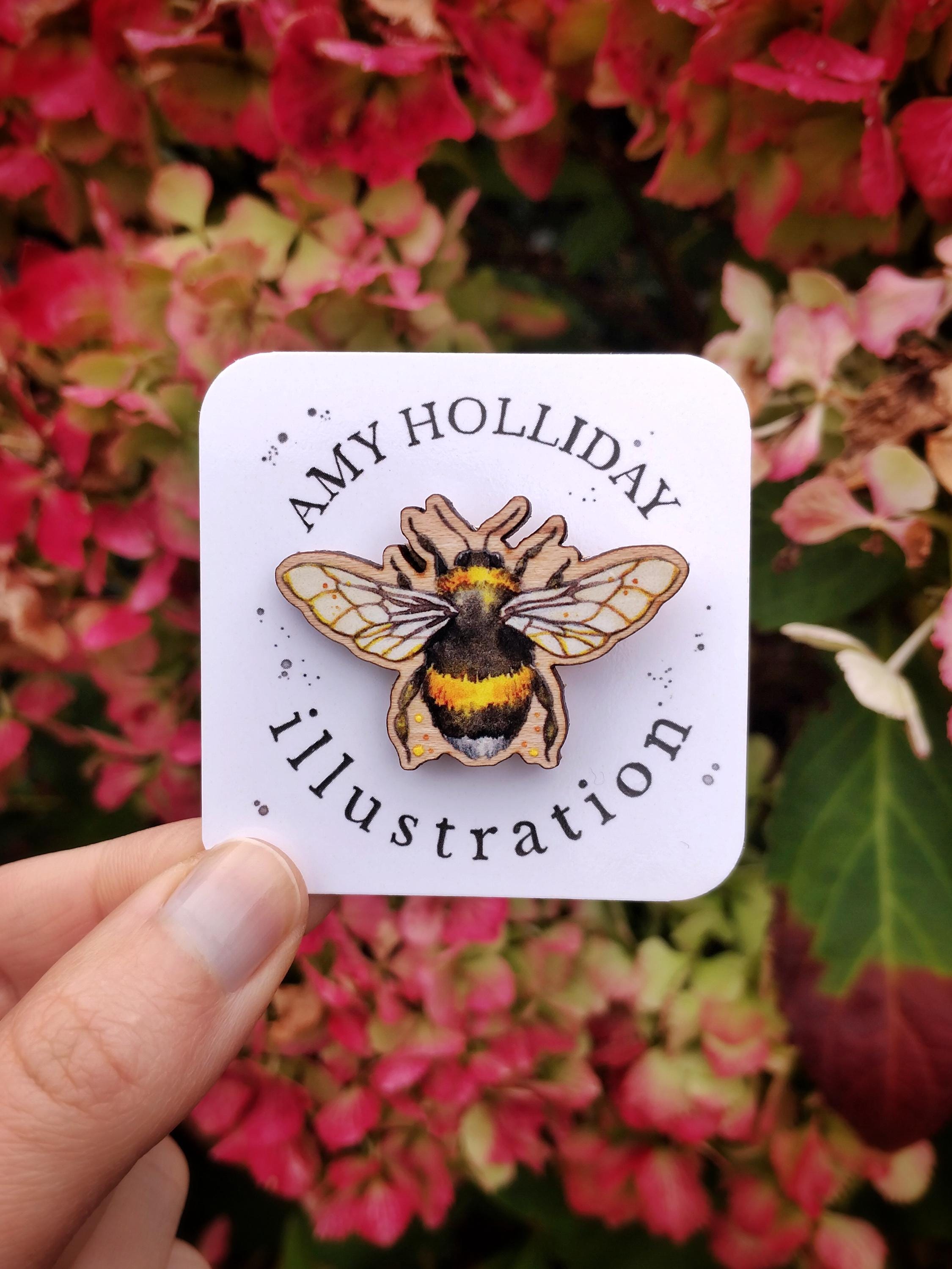 Fluffy Bumblebee 4cm Wooden Pin Badges (responsibly Sourced Wood & Eco ...