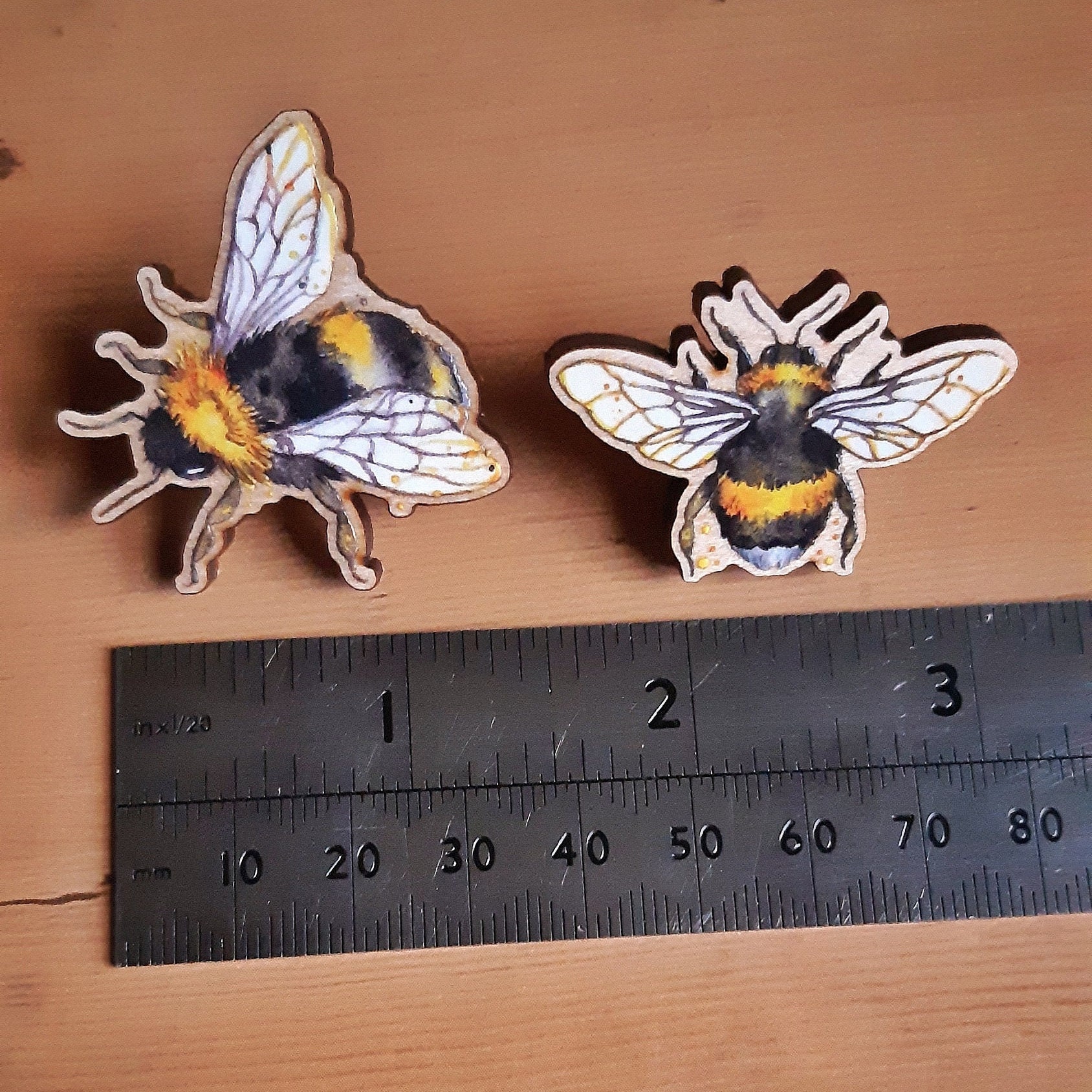 Fluffy Bumblebee 4cm Wooden Pin Badges (responsibly Sourced Wood & Eco ...