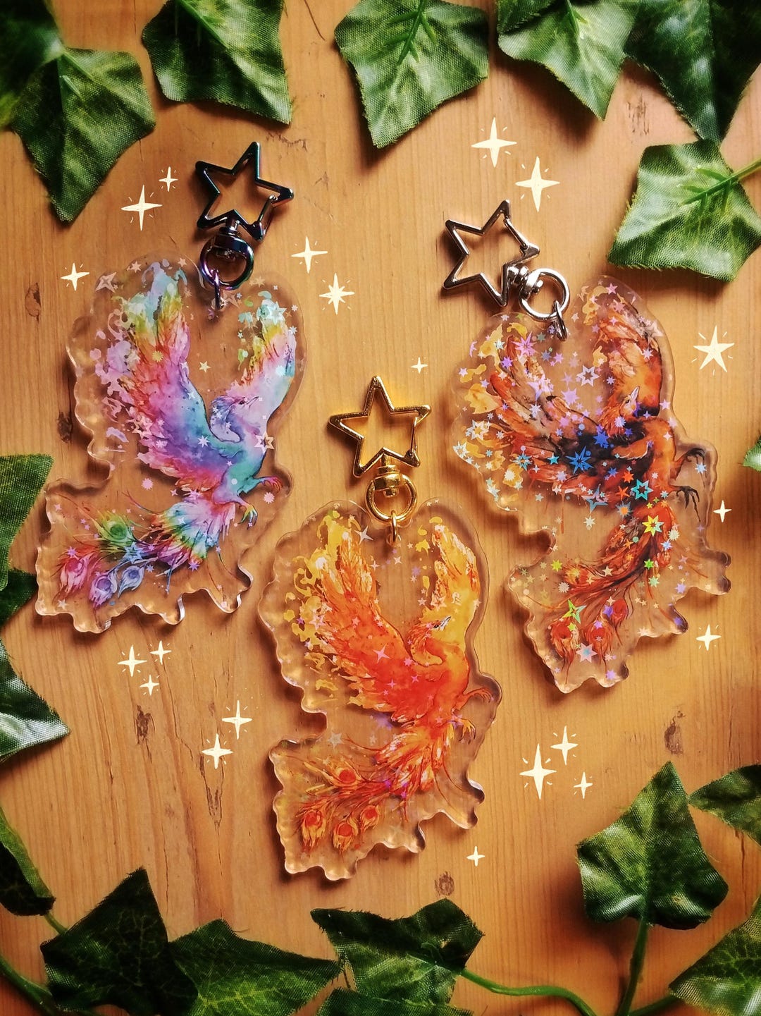 Phoenix Large 3.5" Keyring Charms | Ultra Sparkly Holographic Stars ...