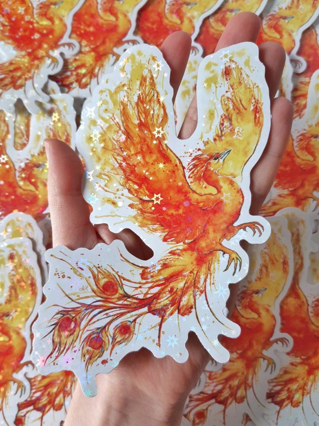 Fiery Phoenix Vinyl Sticker - Holographic Sparkle Stars, Light or Dark ...