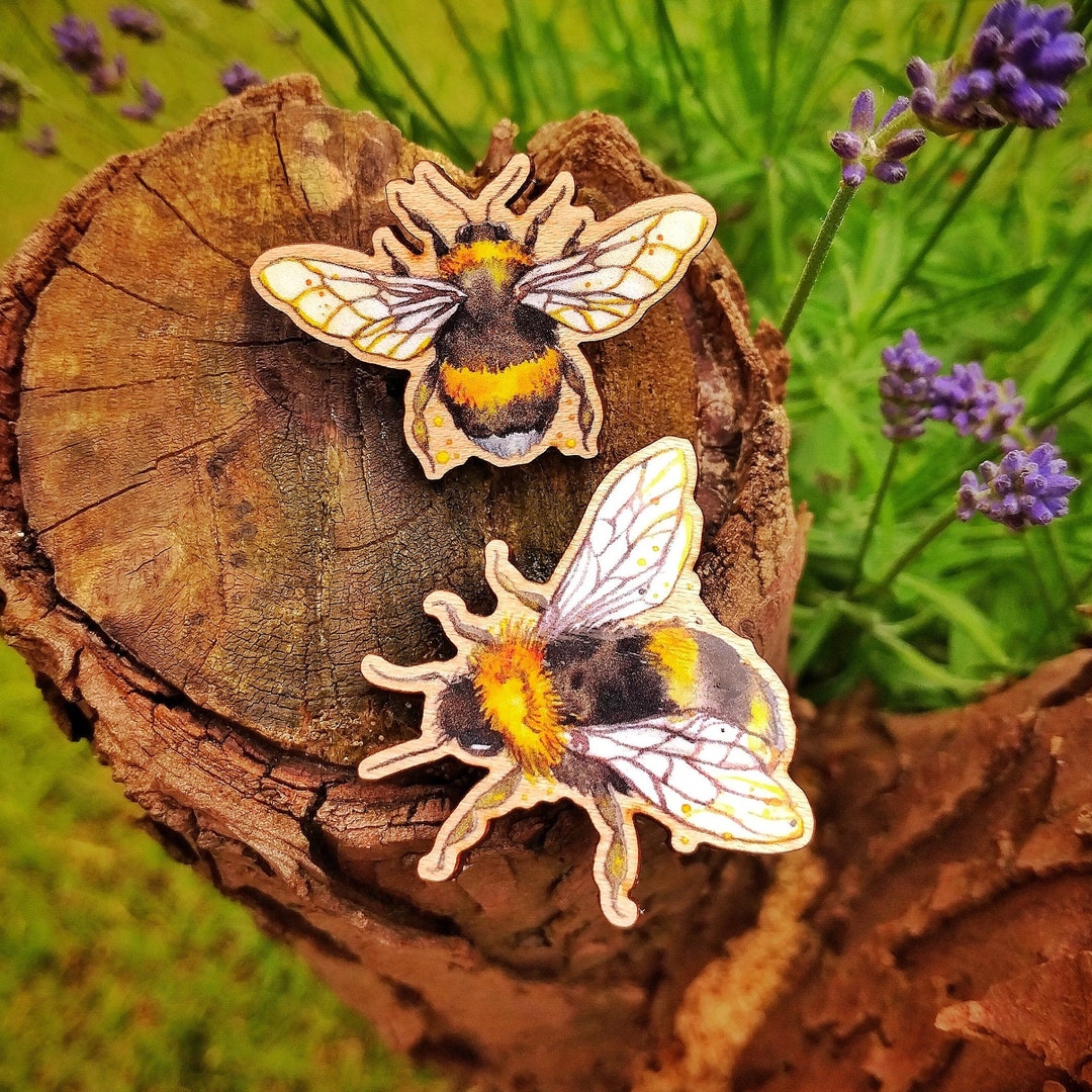 Fluffy Bumblebee 4cm Wooden Pin Badges (responsibly Sourced Wood & Eco ...