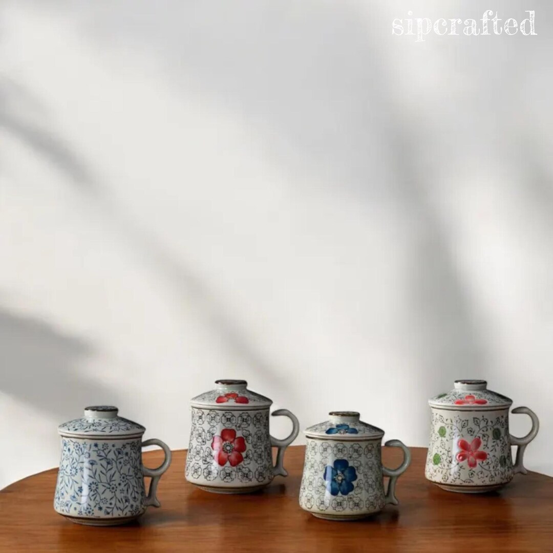 Handcrafted Japanese Ceramic Tea Mug With Lid & Infuser, Floral Pattern ...