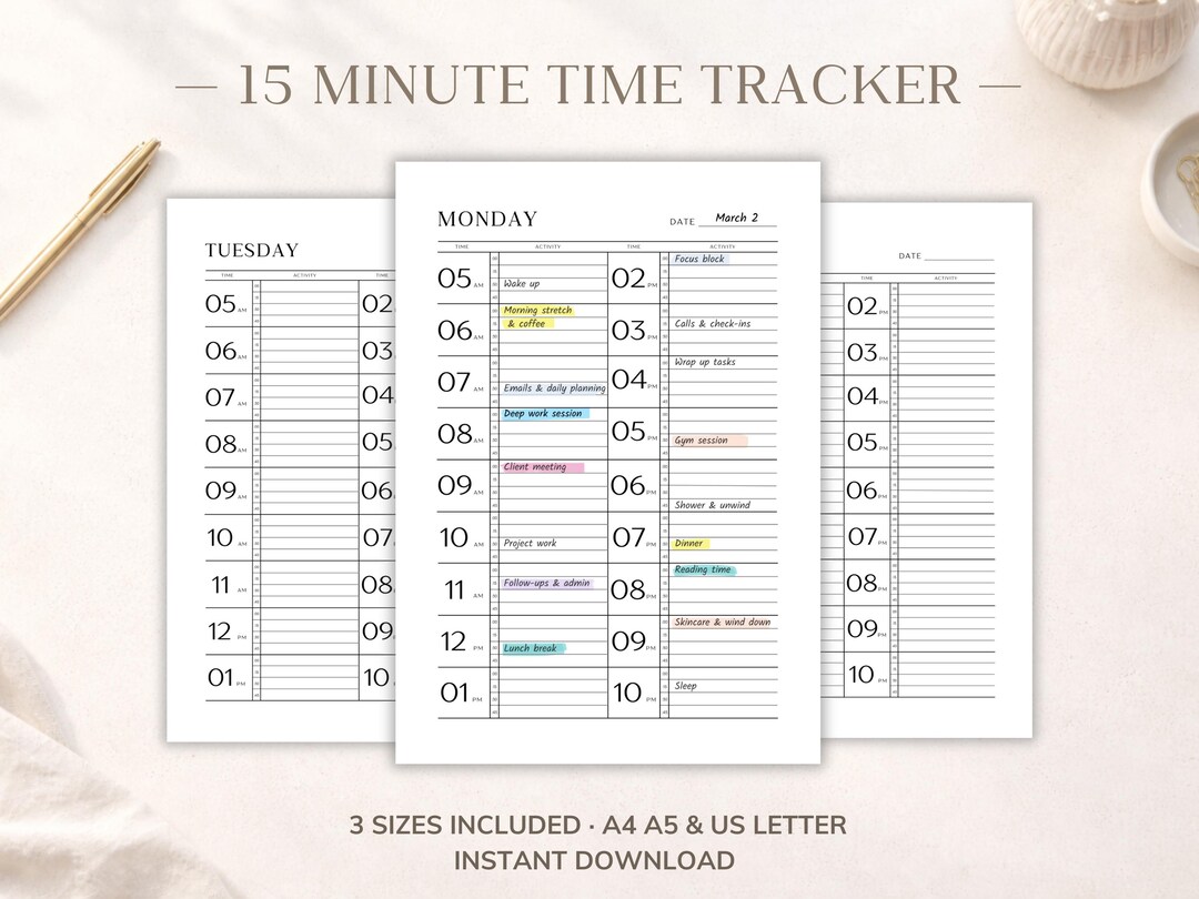 15 Minute Time Tracker Printable | Minimal Daily Time Blocking Planner ...