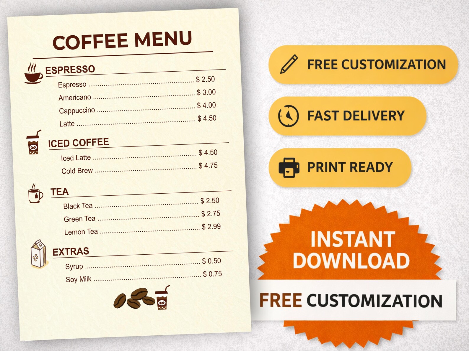 Editable Coffee Menu Template | Café Menu Printable | Coffee Shop Menu ...