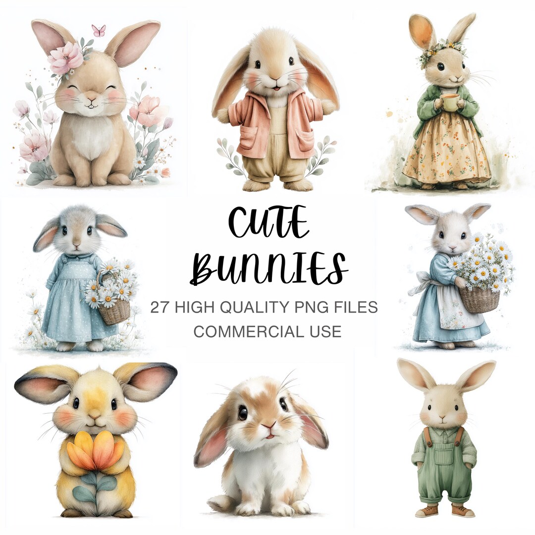 Watercolor Bunny Clipart, Easter Rabbits PNG, Nursery Art (digital ...