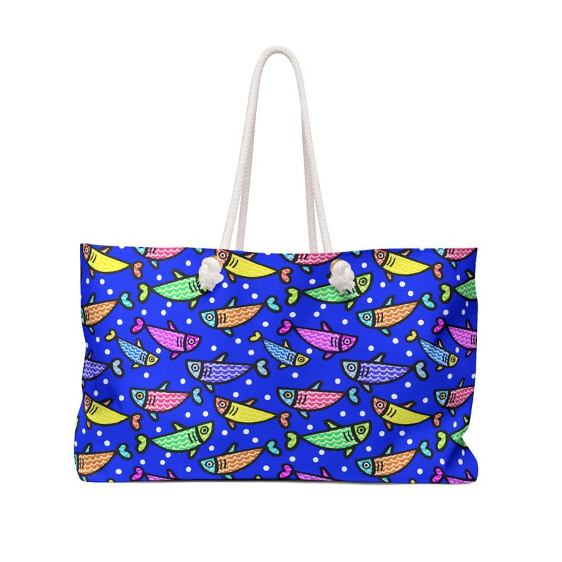 Kawaii Fish Beach Bag | Hand-drawn Tropical Fish Weekender Carryall ...