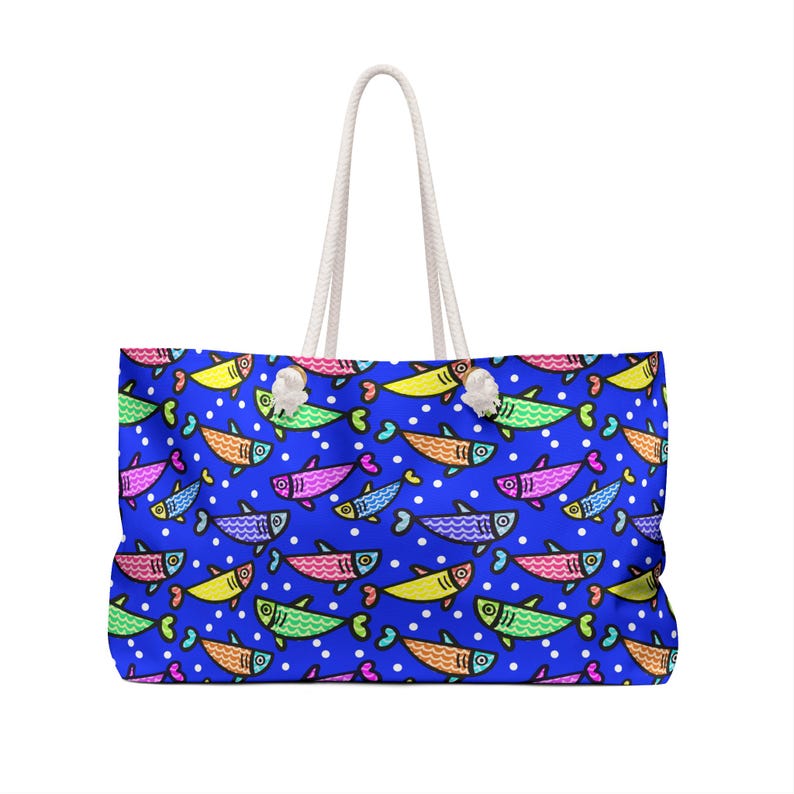 Kawaii Fish Beach Bag | Hand-drawn Tropical Fish Weekender Carryall ...