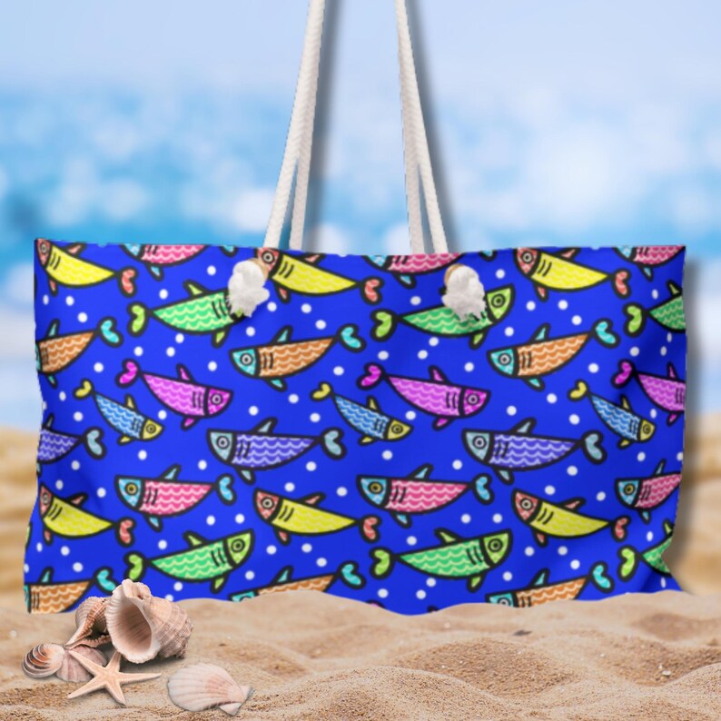 Kawaii Fish Beach Bag | Hand-drawn Tropical Fish Weekender Carryall ...