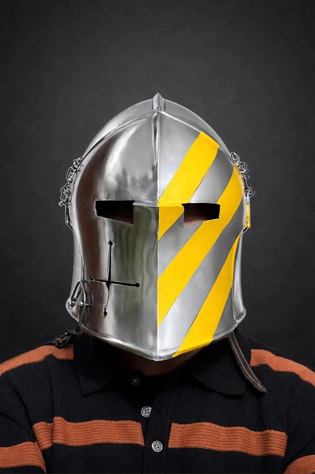 Handmade Steel Crusader Helmet | Yellow Stripe Templar | LARP Cosplay ...