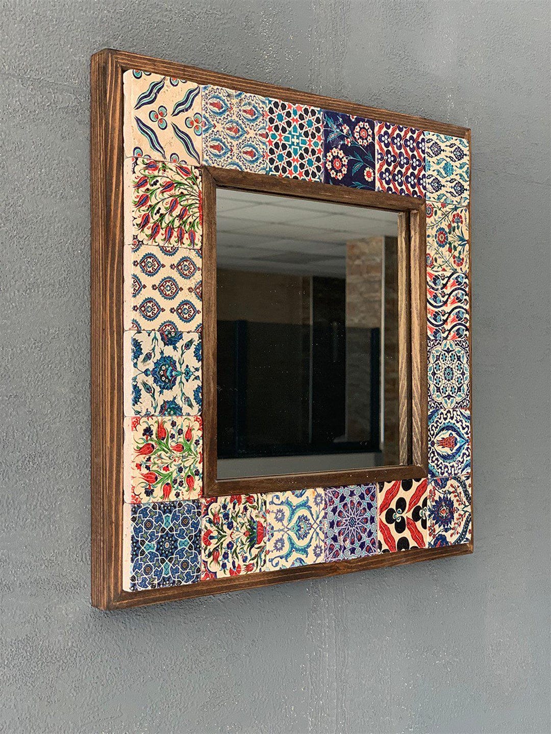 Handmade Tile Mirror: Bohemian Ceramic & Travertine, Pine Frame - Etsy