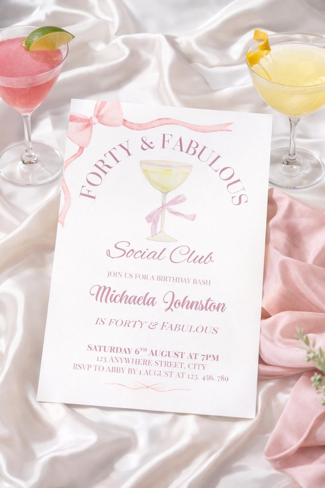 Forty & Fabulous Birthday Invitation – Pink Cocktail Theme | Digital ...