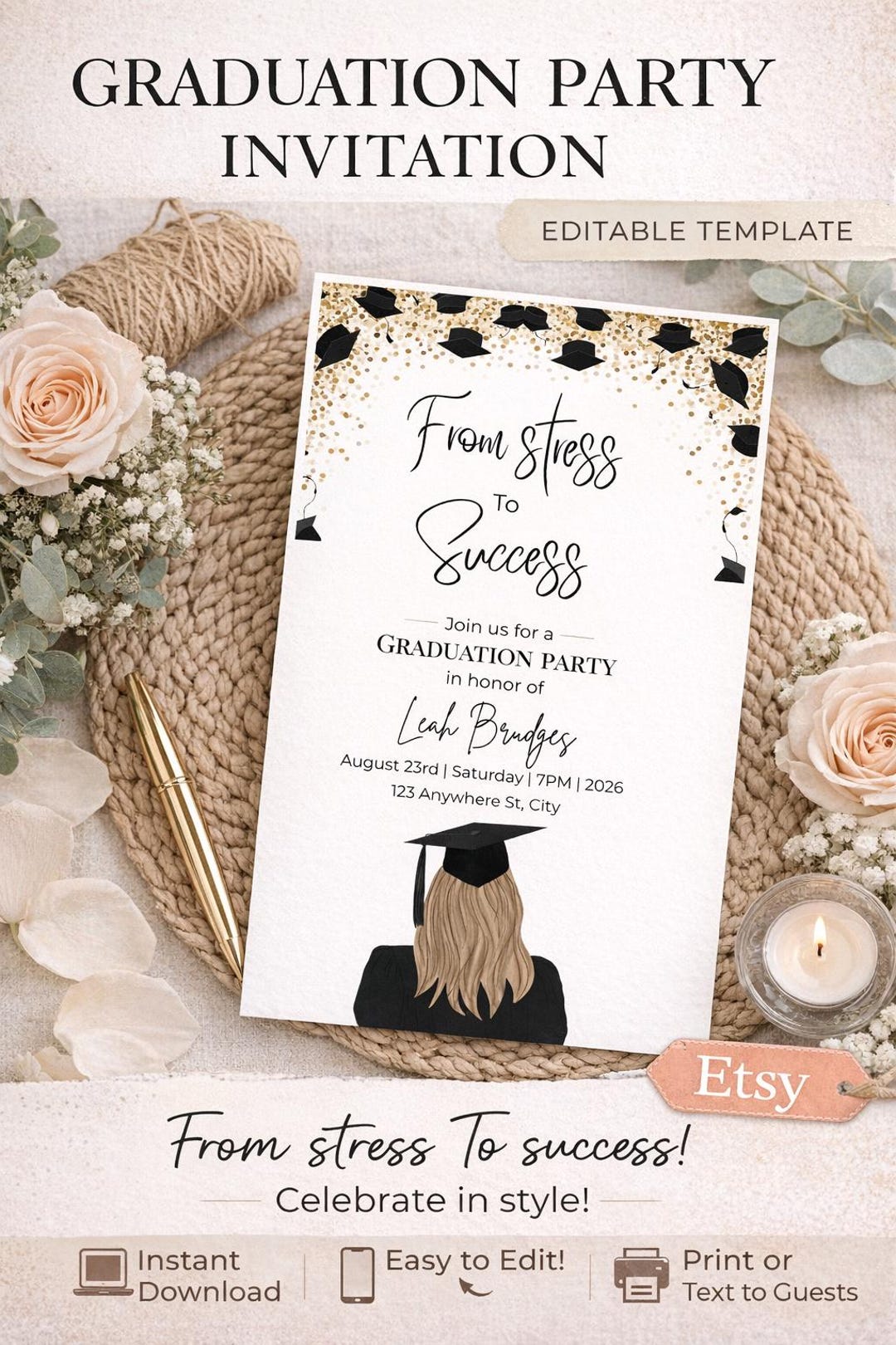 Graduation Party Invitation Template, From Stress to Success Invite ...