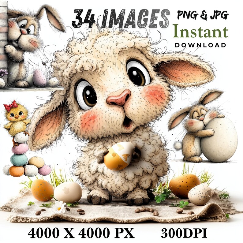 Easter Clipart Bunny Bundle PNG JPG (34), Cute Bunny, Baby Chick & Baby ...