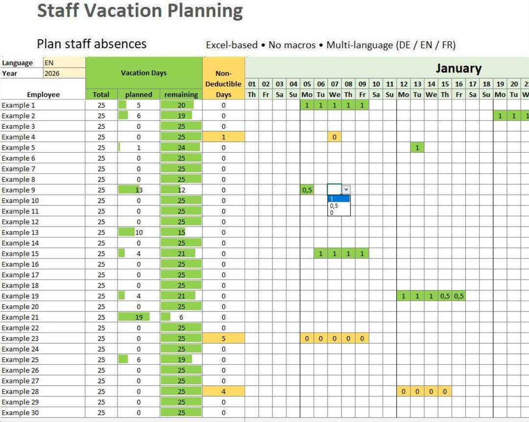 Vacation & Absence Planner Excel – Annual Calendar (reusable Every Year ...