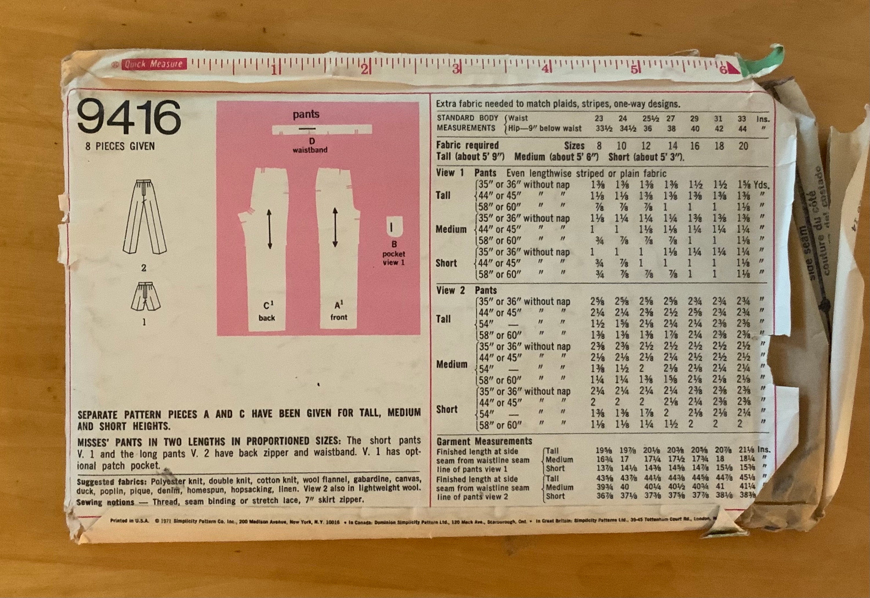 Simplicity Vintage Sewing Pattern 9416 Size Miss 14 Pants and Shorts ...