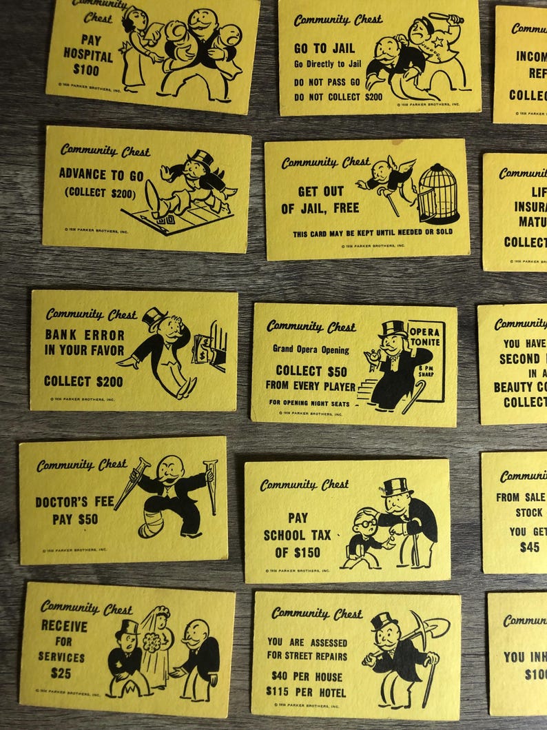 Vintage Monopoly Community Chest Chance Cards Copyright 1936 Parker ...