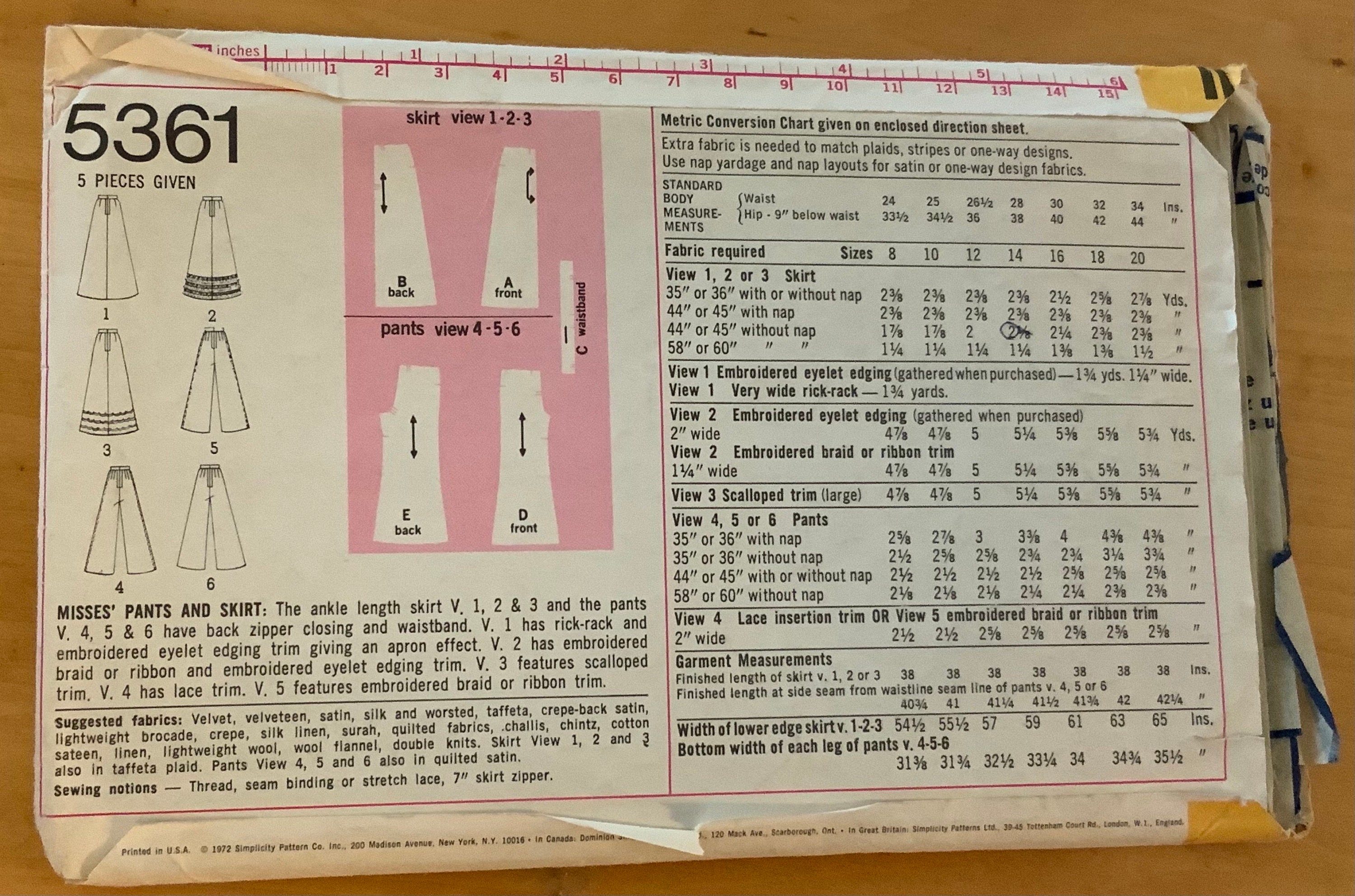 Simplicity Sewing Pattern 5361 Vintage Misses Size 14, Pants and Skirt ...