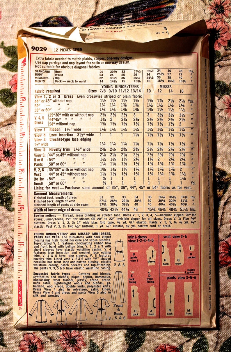 Simplicity Sewing Pattern 9029 Vintage 1970 Minidress Pants and Vest ...