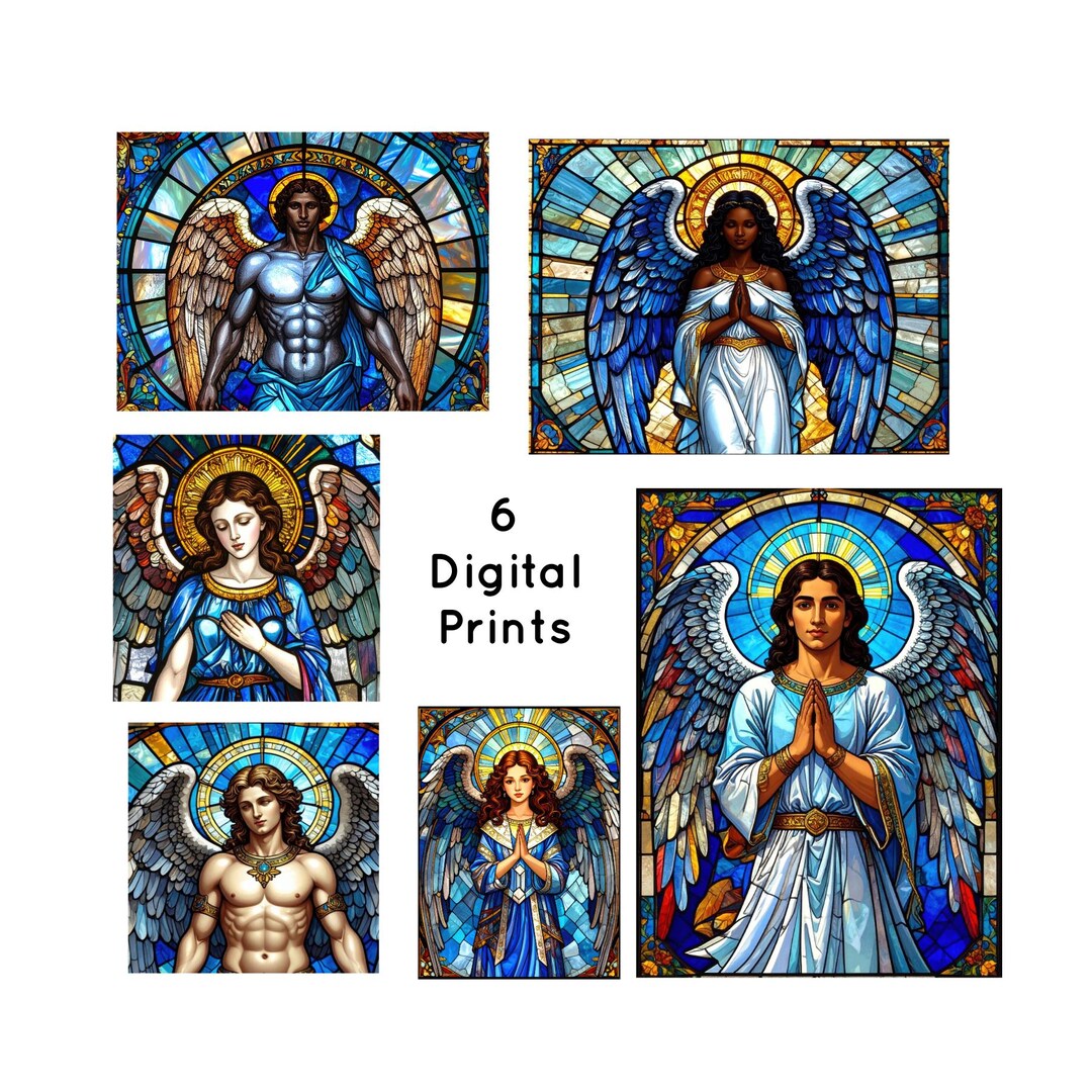 6 Stained Glass Angel Digital Prints - Praying Angels Wall Art, Instant ...