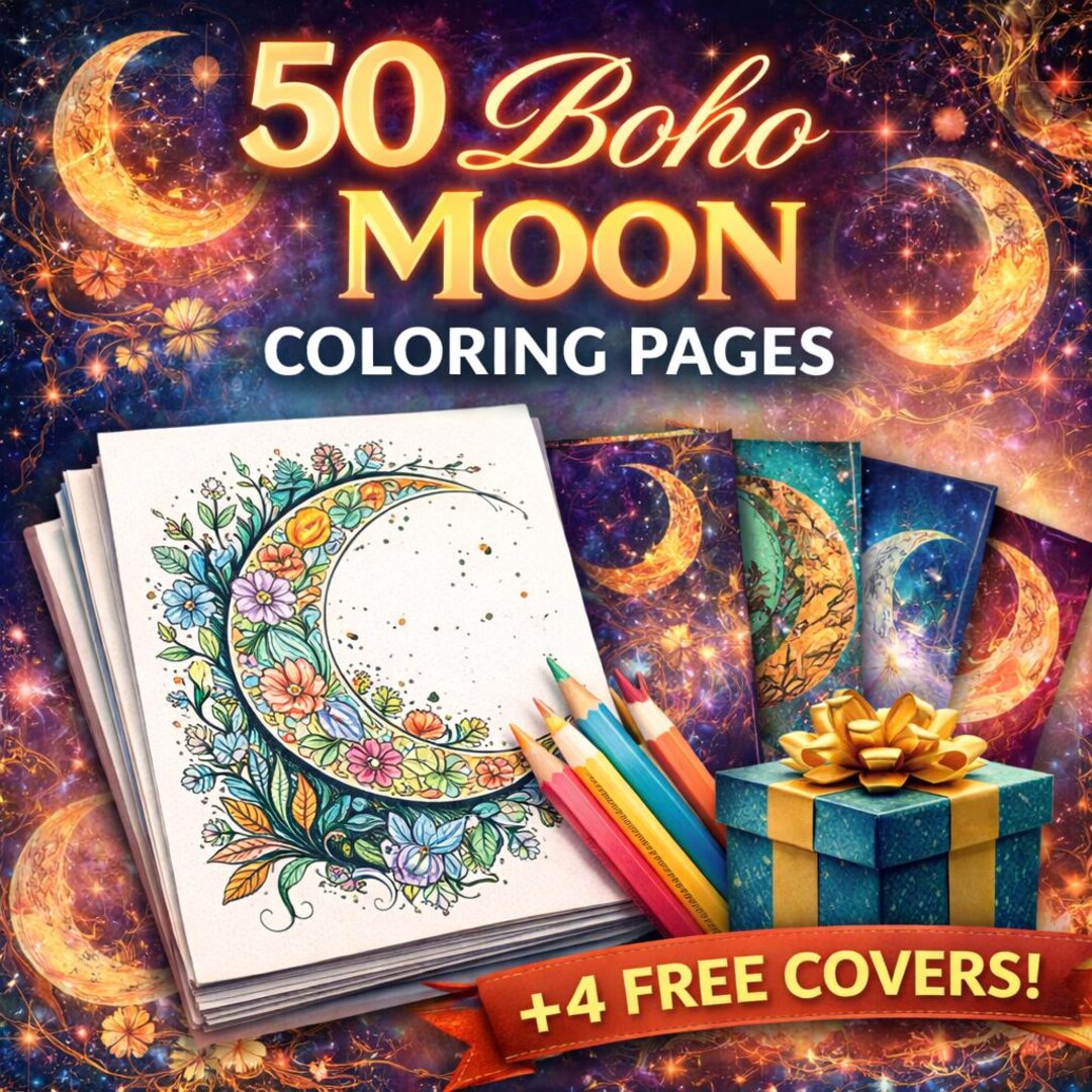 50 Boho Moon Coloring Pages, Celestial Moon Coloring Book, Bohemian ...