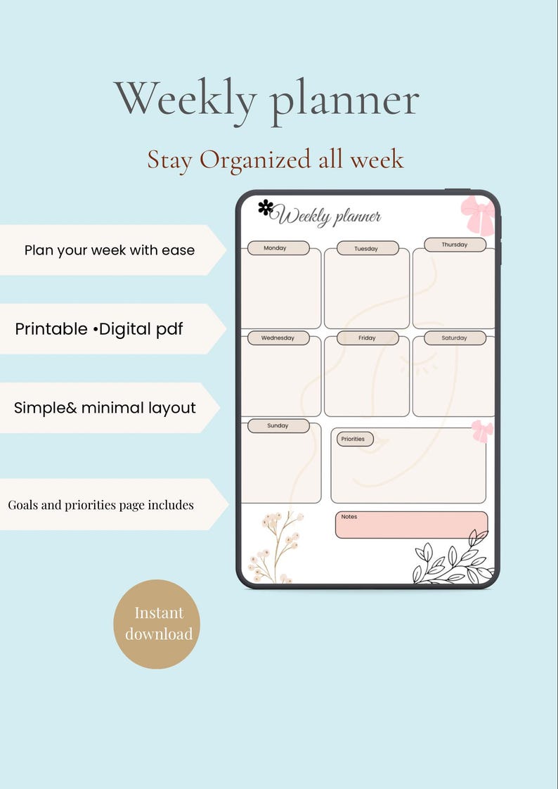 Minimal Weekly Planner Printable | Digital PDF | Simple & Clean Layout ...