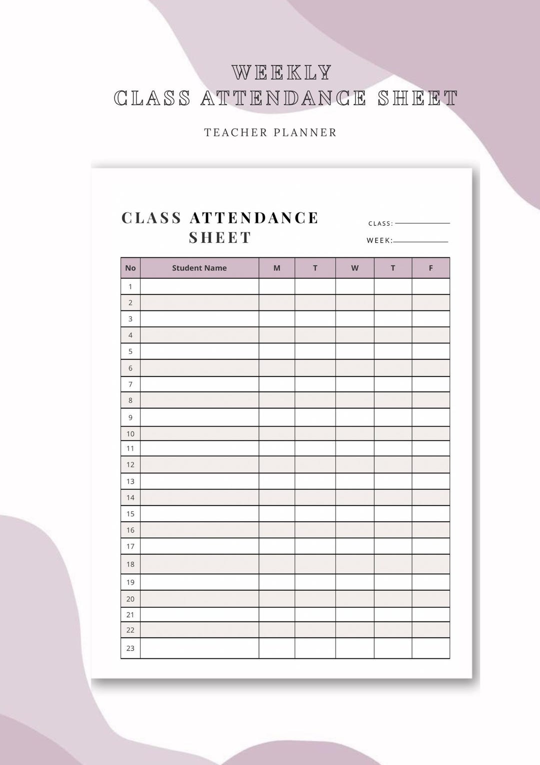 Teacher Attendance Sheet Printable | Weekly Class Attendance PDF | A4 ...