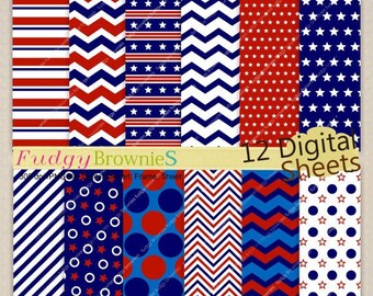 4th of July Digital Paper Pack Patterns USA Independence