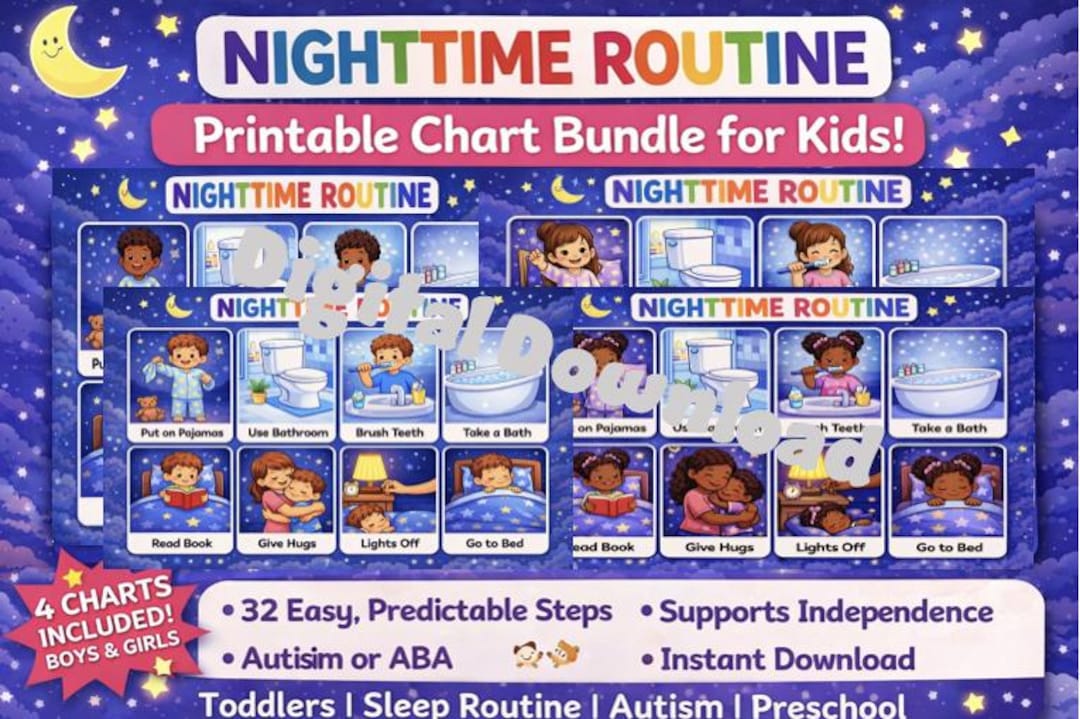 Kids Nighttime Routine Chart Bundle | Visual Schedule for Bedtime ...