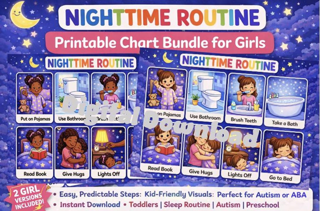 Nighttime Routine Chart for Girls | Visual Bedtime Schedule (digital ...