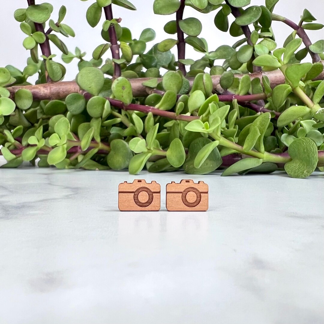 Vintage Camera Earrings - Laser Engraved on Alder Wood - Titanium Post ...