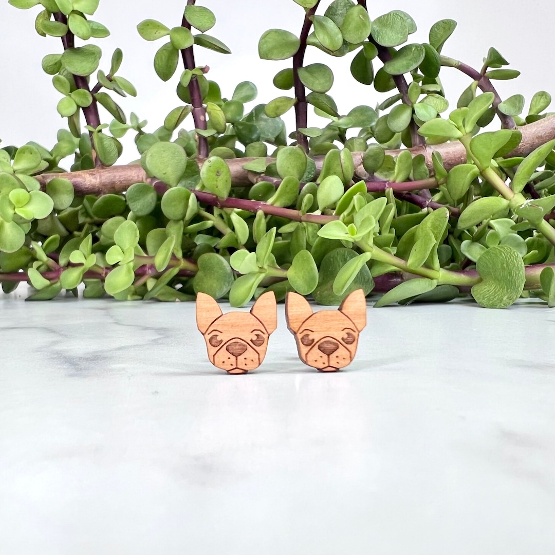 Frenchie French Bulldog Earrings - Laser Engraved Wood - Titanium Stud ...