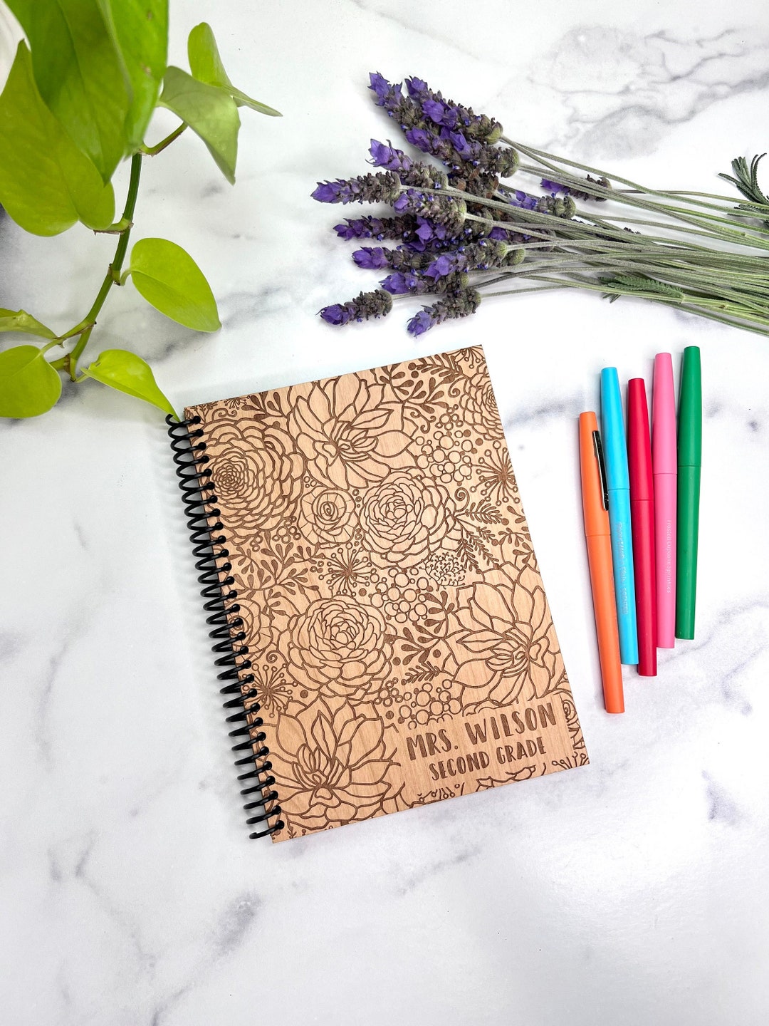 Wood Notebook - Succulents on Laser Engraved Wood - Custom Engraving ...