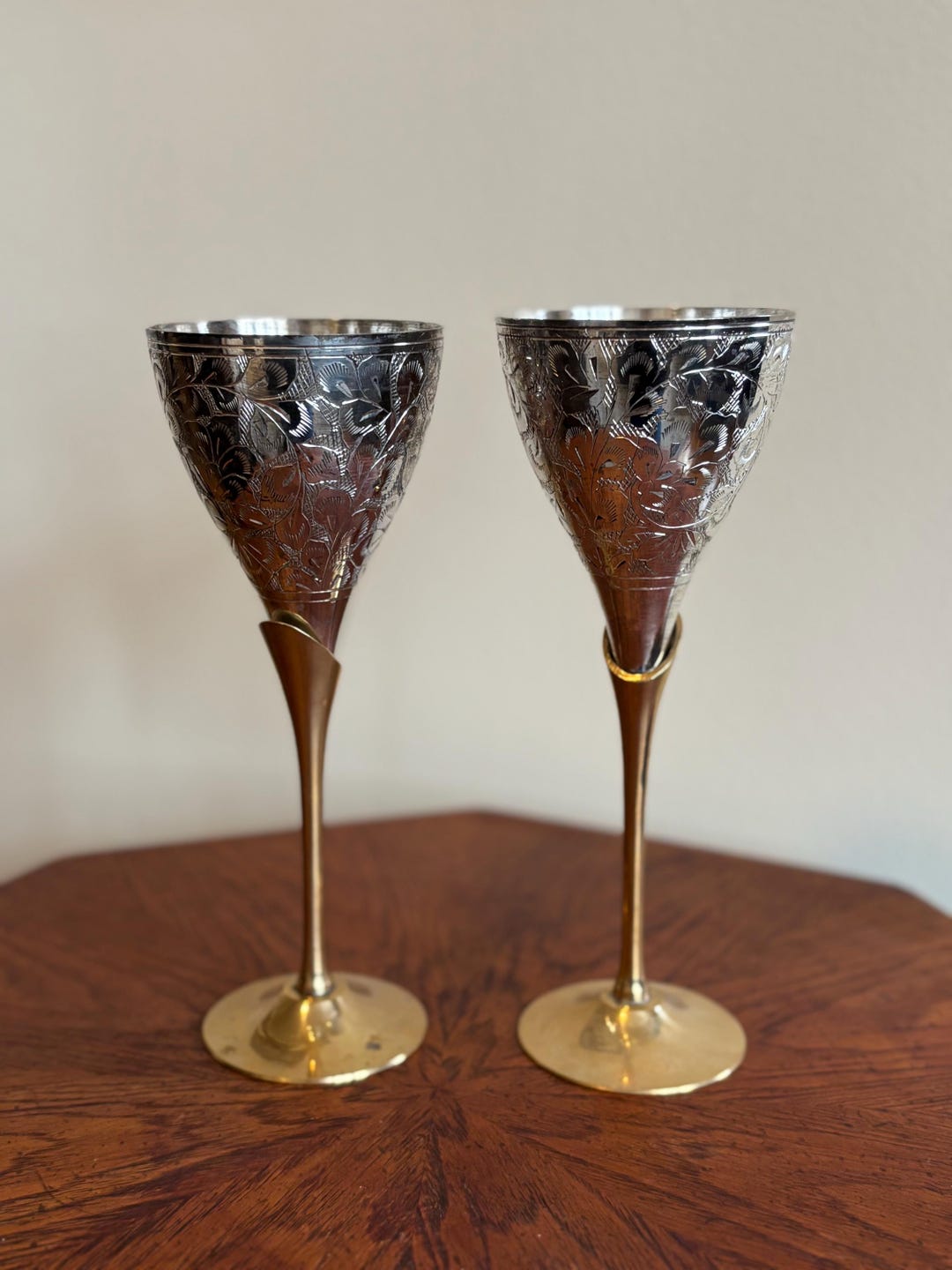Vintage Brass Champagne Flutes – Engraved Silver & Gold Tone Goblet ...