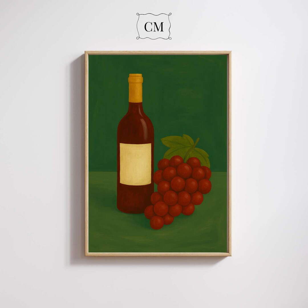 Vintage Wine Bottle Poster – Green Grapes Kitchen Wall Art - Etsy
