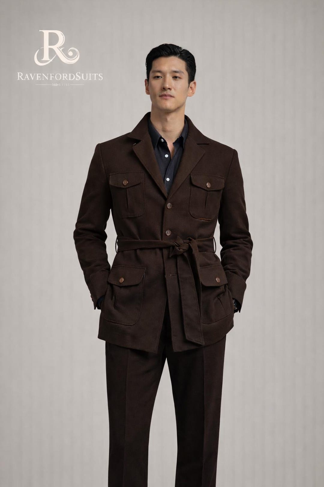 Brown Safari Jacket Tailored Formal Belted Blazer Trousers Vintage 2 ...