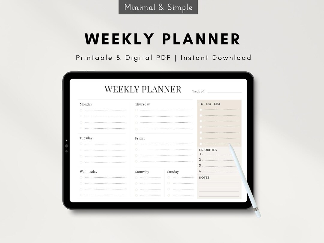 Minimal Weekly Planner Printable | Digital & Printable PDF | A4 A5 US ...