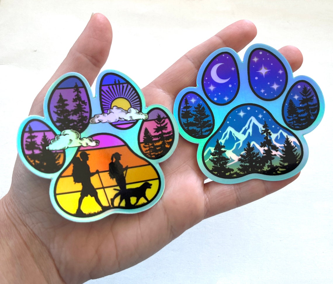 Paw Print Sticker Holographic Dog Sticker Hiking Vinyl - Etsy