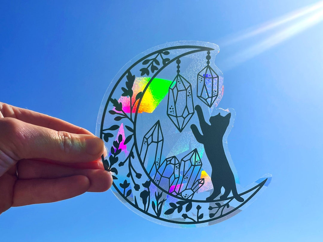Cat Rainbow Window Sticker, Holographic Moon Suncatcher Decal, Rainbow ...