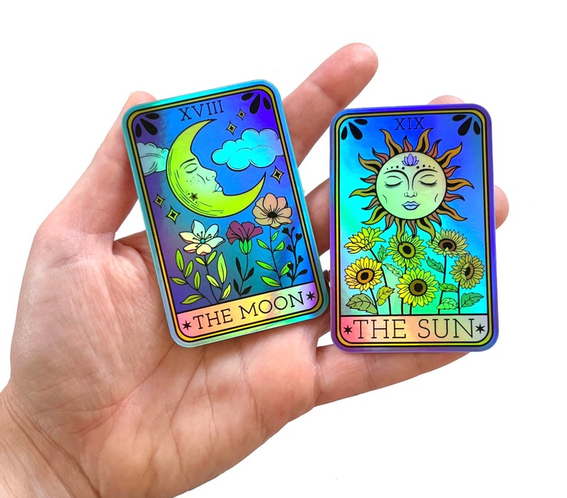Tarot Card Stickers, Vinyl Holographic Stickers, the Sun and the Moon ...