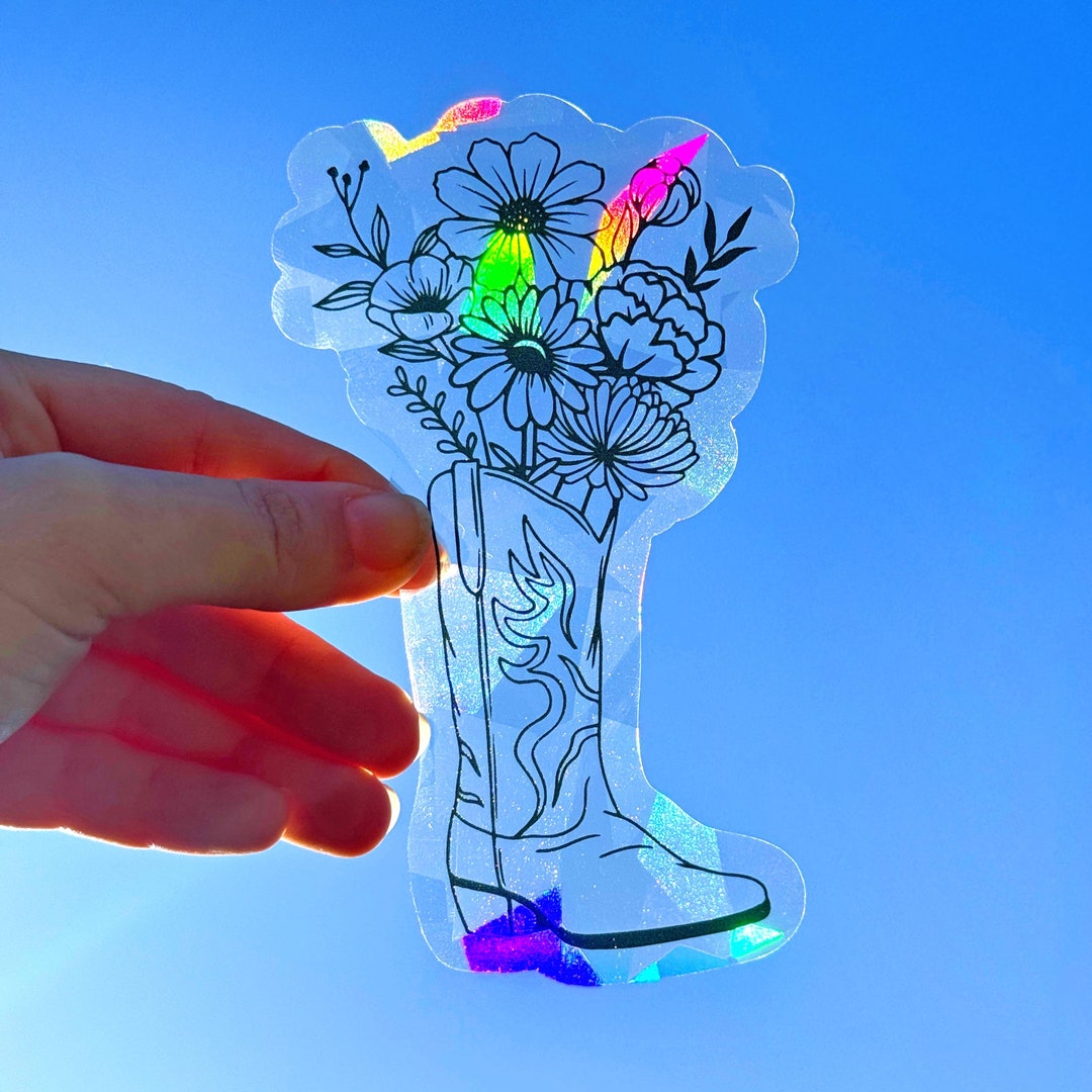 Cowgirl Boot Suncatcher Sticker, Floral Cowboy Boot Window Decal ...